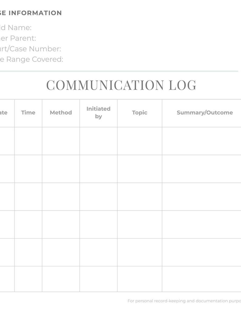Co- Parenting Communication Log Printable | Court Documentation Log ...