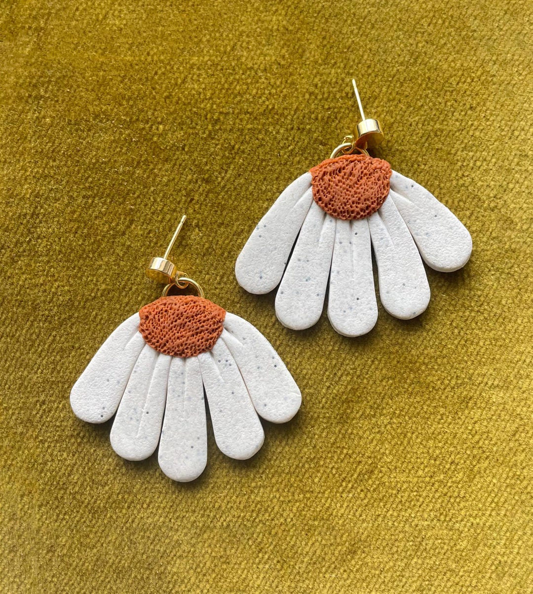Droopy Daisy Earrings, 18k Gold Plated Circle Posts, Clay Flower ...