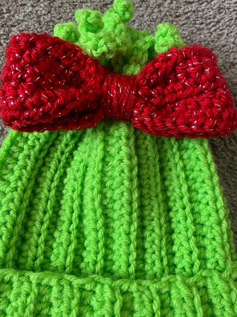 Handmade Crochet Baby Grinch Hat With Red Bow Size 12 Months - Etsy