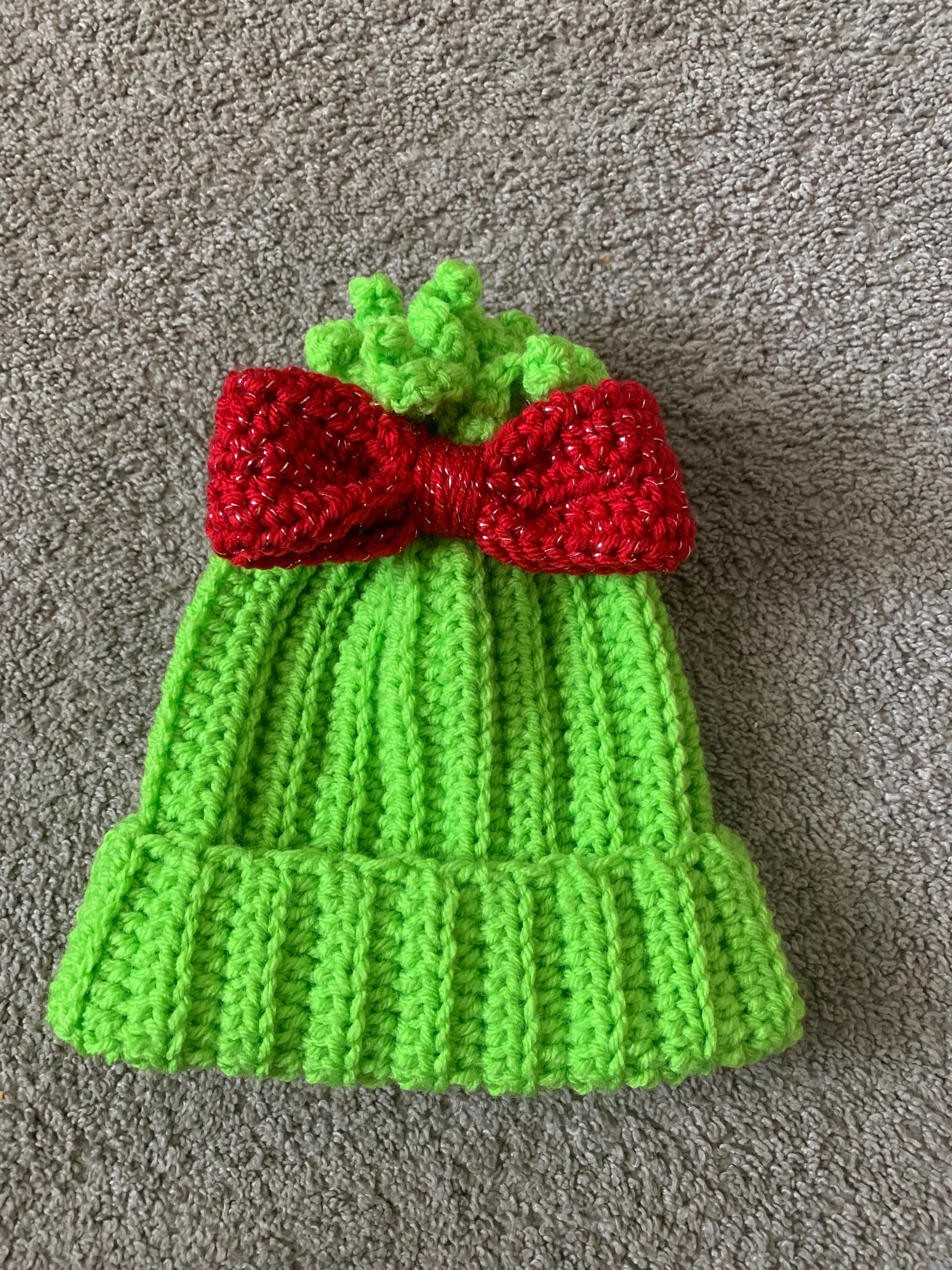 Handmade Crochet Baby Grinch Hat With Red Bow Size 12 Months - Etsy