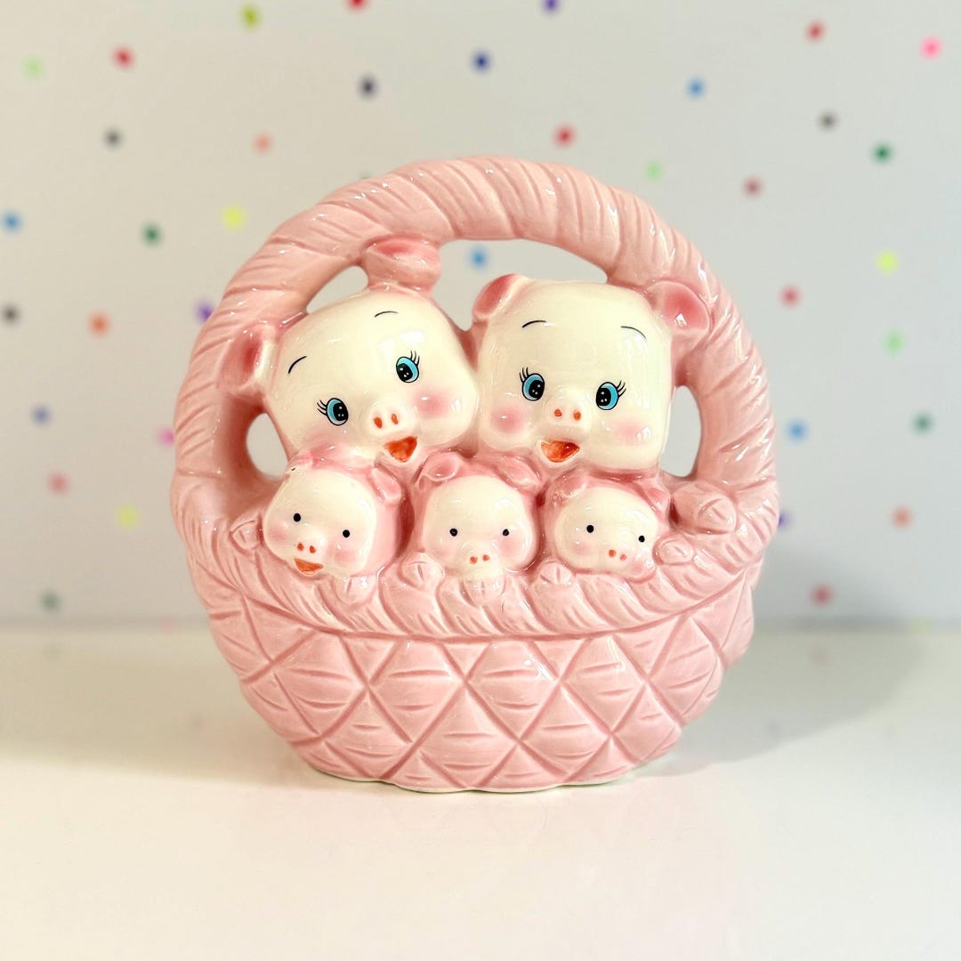 Pink Pig Family Ceramic Piggy Bank / Vintage Sunny Japan Pink Basket of ...