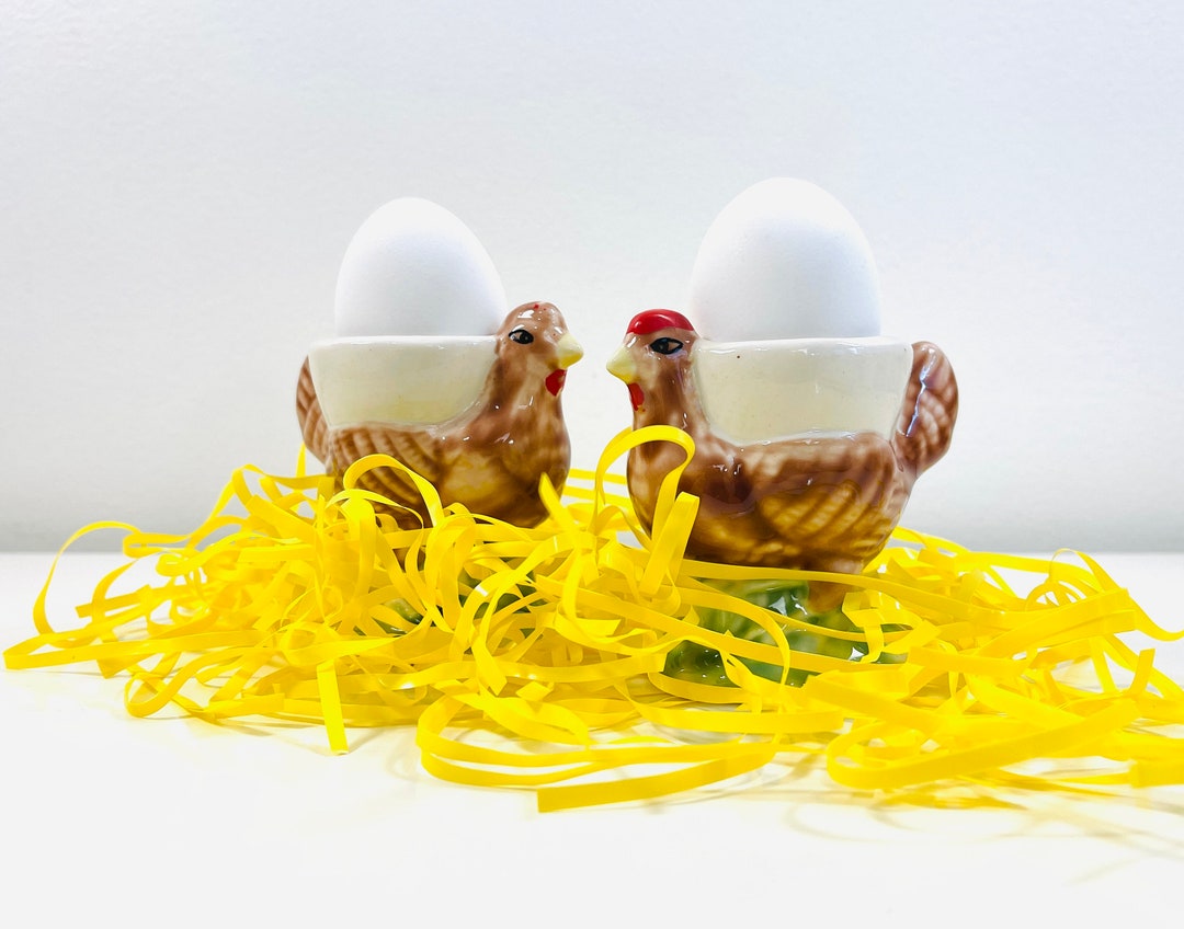 Ceramic 1960's Chicken Shaped Egg Cups / Vintage Amsel Hand Painted Chicken Egg Cups / Ceramic ...