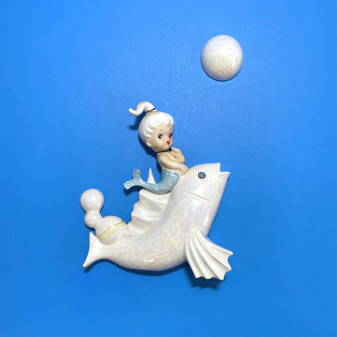 Ceramic Mermaid Riding Fish & Bubble Wall Plaque / Vintage Mid Century ...