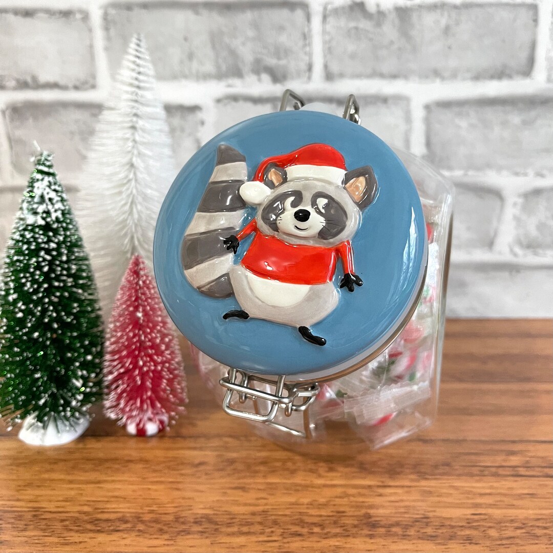 Christmas Raccoon Wired Bail Storage Jar / Raccoon Ceramic Lid Glass ...