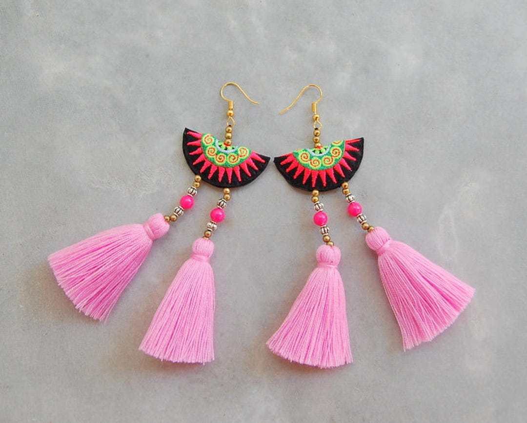 Handmade Hmong Embroidery Pink Tassel Earrings - Etsy