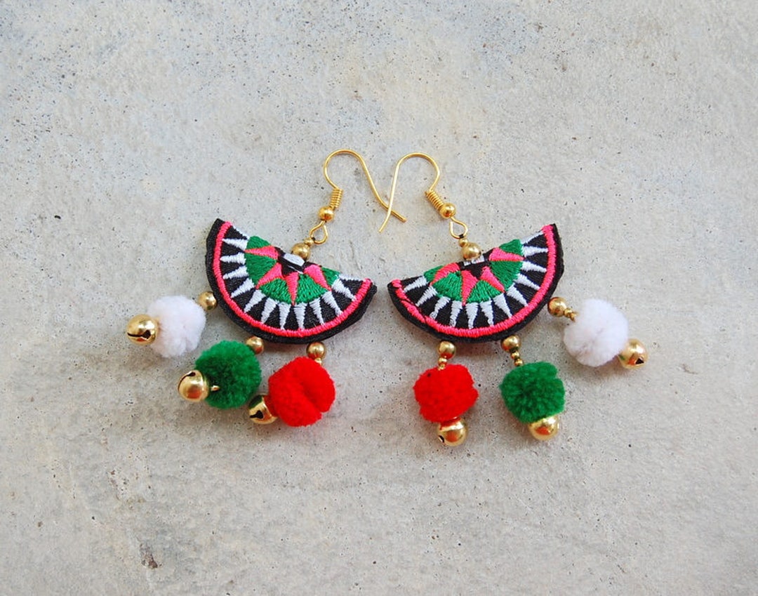 White Green Red Mini Pom Pom Earrings - Etsy