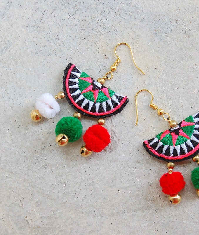 White Green Red Mini Pom Pom Earrings - Etsy