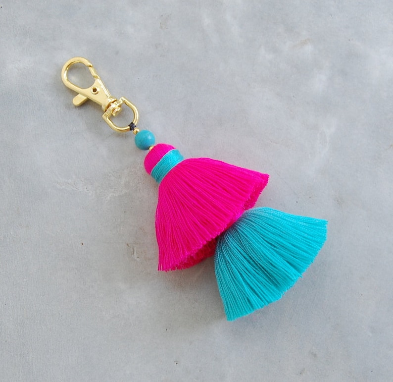 Hot Pink & Turquoise Tassel Zipper Pull Keychain | Etsy