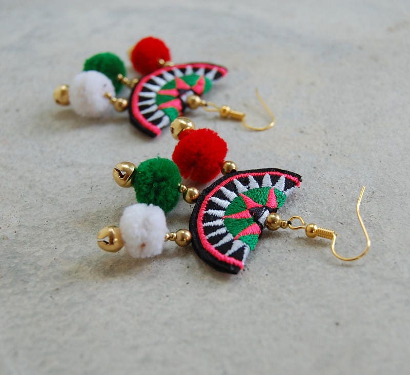 White Green Red Mini Pom Pom Earrings - Etsy
