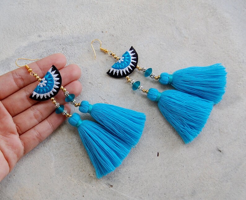 Hmong Embroidery Blue Tassel Earrings With Glass Beads - Etsy