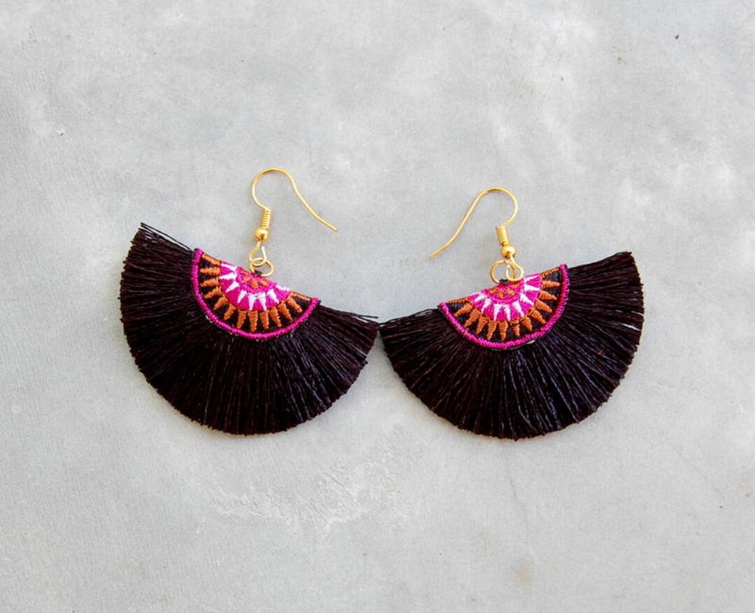 Small Hmong Embroidery Black Tassel Earrings - Etsy