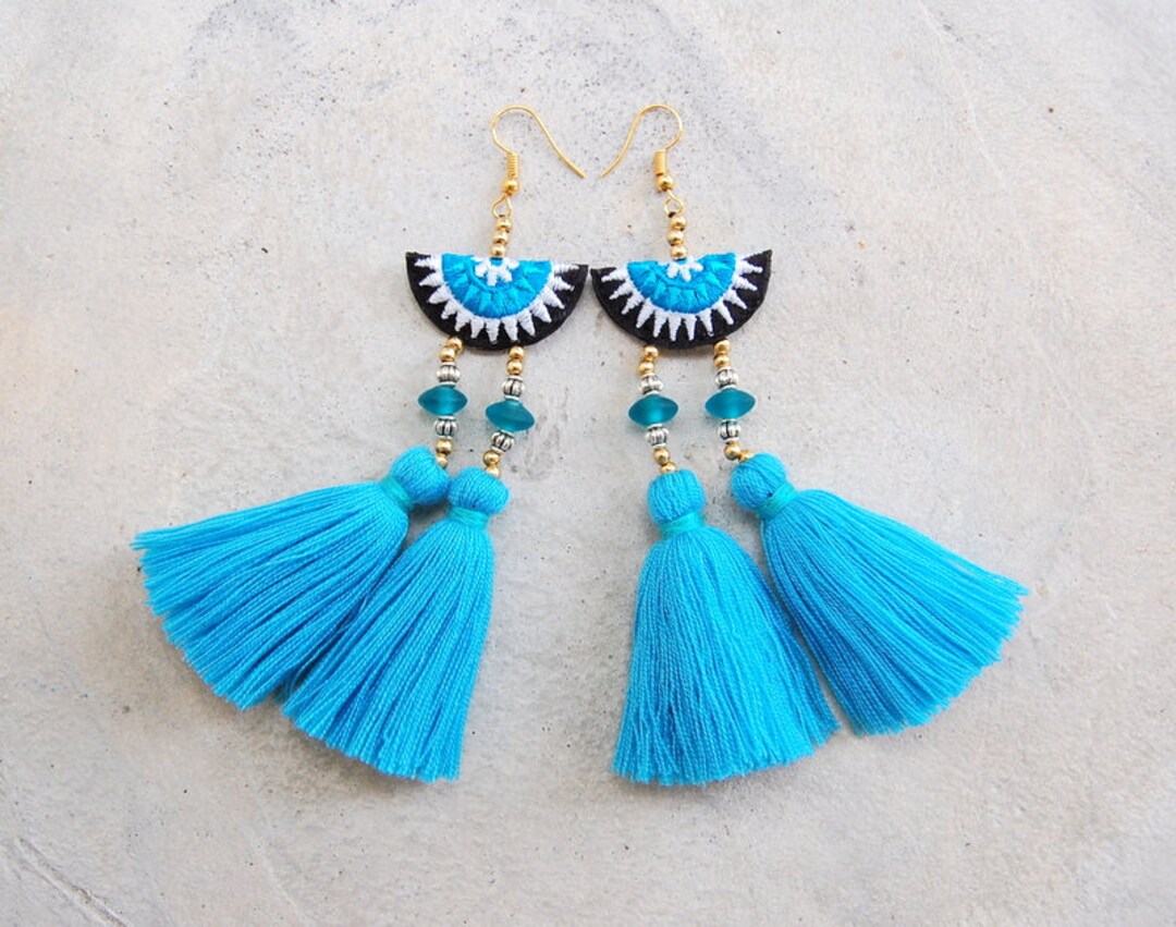 Hmong Embroidery Blue Tassel Earrings With Glass Beads - Etsy