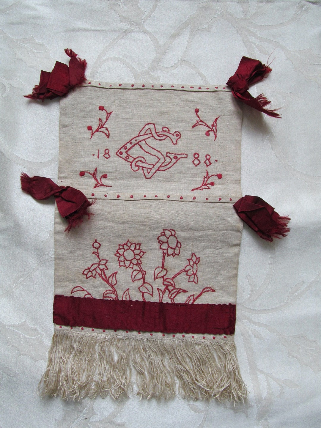 Dated 1888 Linen Work Pocket. Hand Embroidered Turkey Red - Etsy