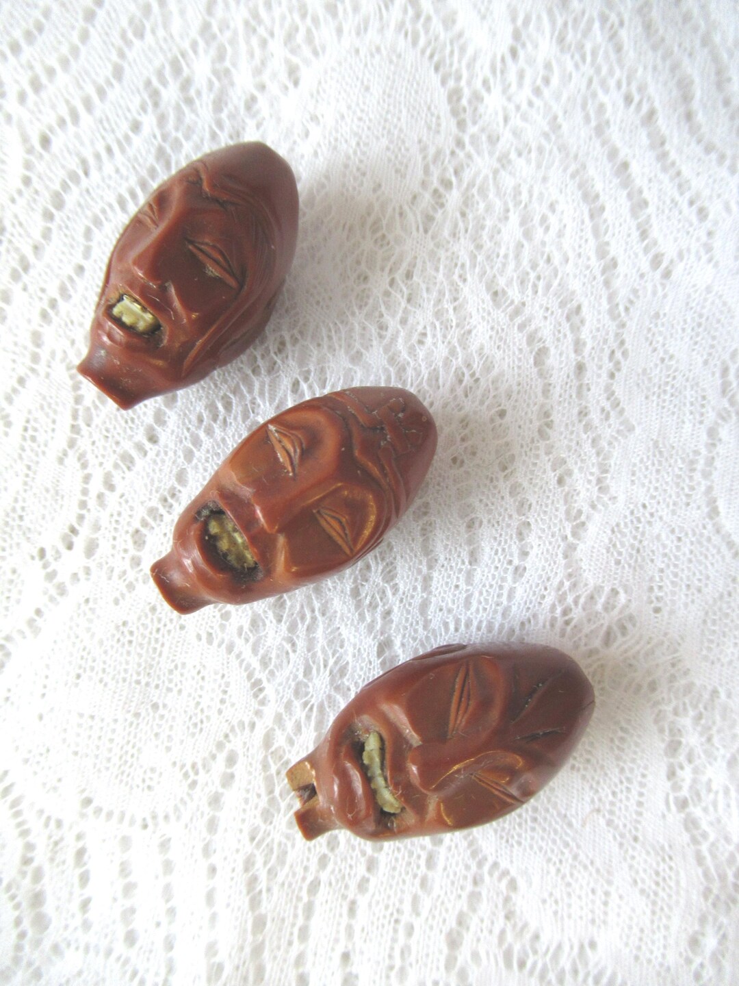 3 Olive Nut Beads With Hand Carved Faces. Early 1900s Hediao Nut ...