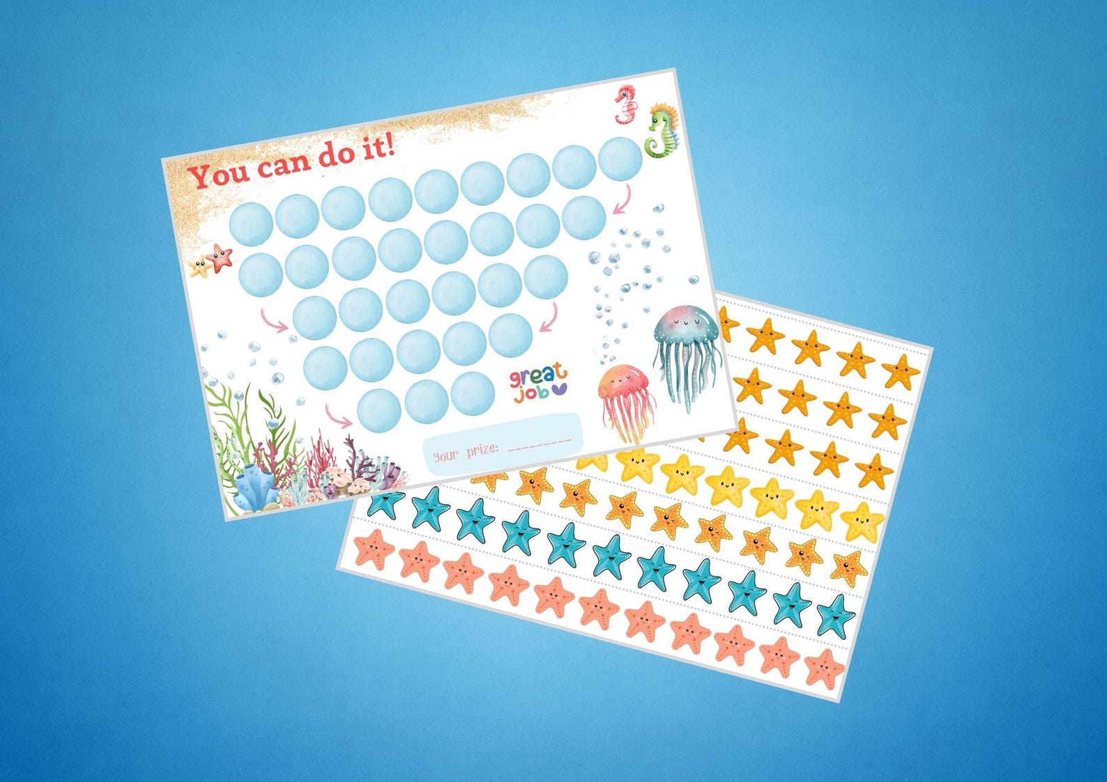 Printable Ocen Reward Chart + Stickert Set, Sticker Chart, Instant ...
