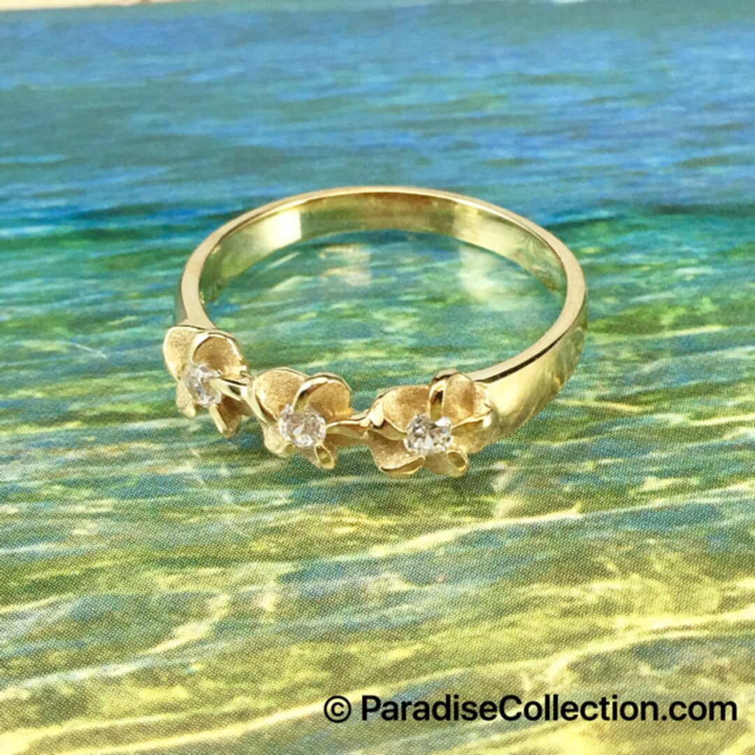 14kt Yellow Gold Three Hawaiian Plumeria Flower Ring With CZ (R2002Y ...