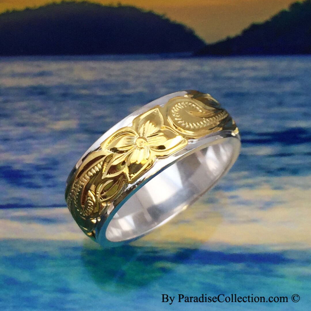 Sterling Silver & Yellow Gold Hawaiian Ring Band With Plumeria Design ...