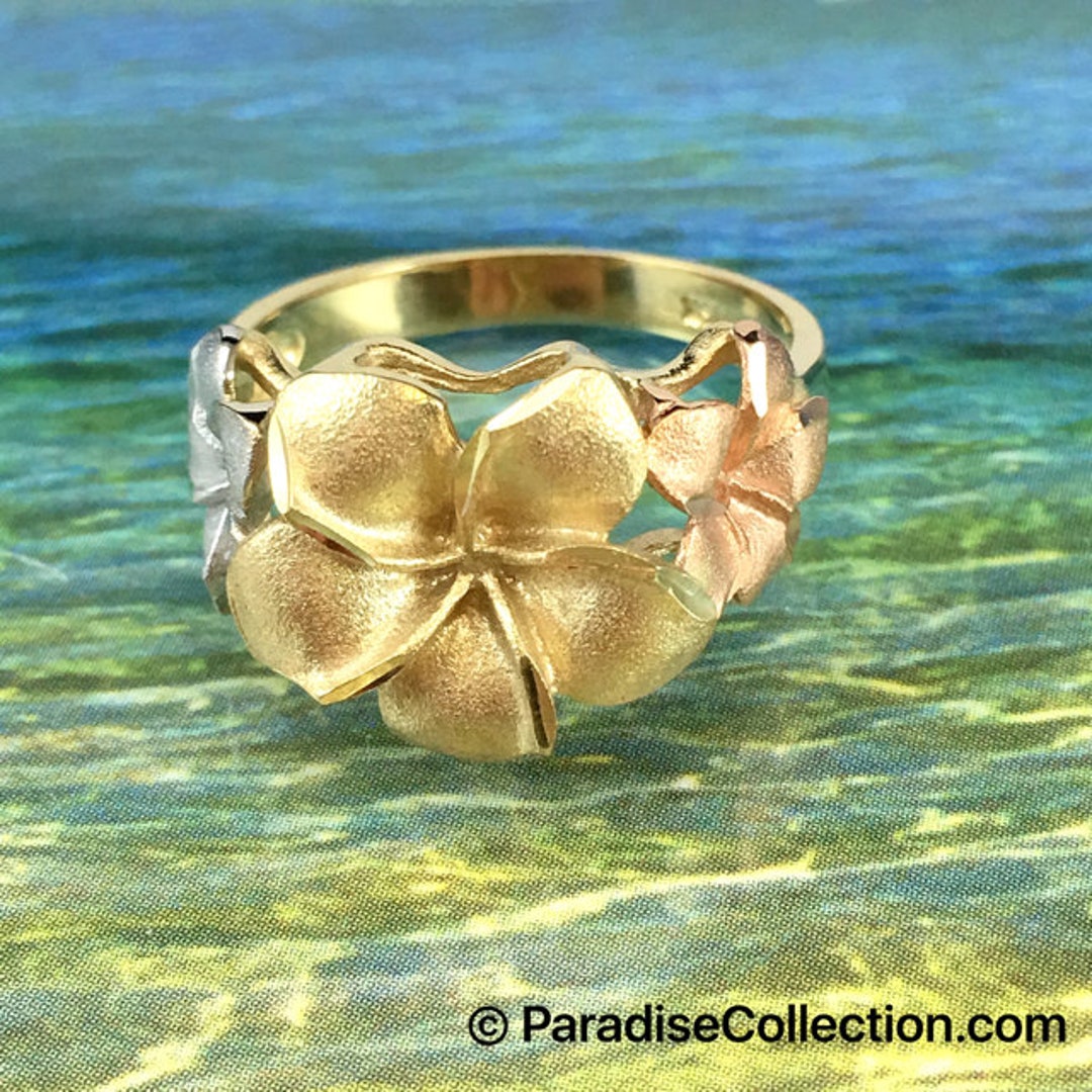 14kt Tri-color Gold Triple Hawaiian Plumeria Flowers Ring (L) (R0027T ...