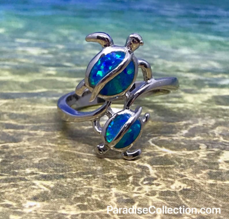 Sterling Silver Hawaiian Double Honu Blue Opal Ring R539 - Etsy
