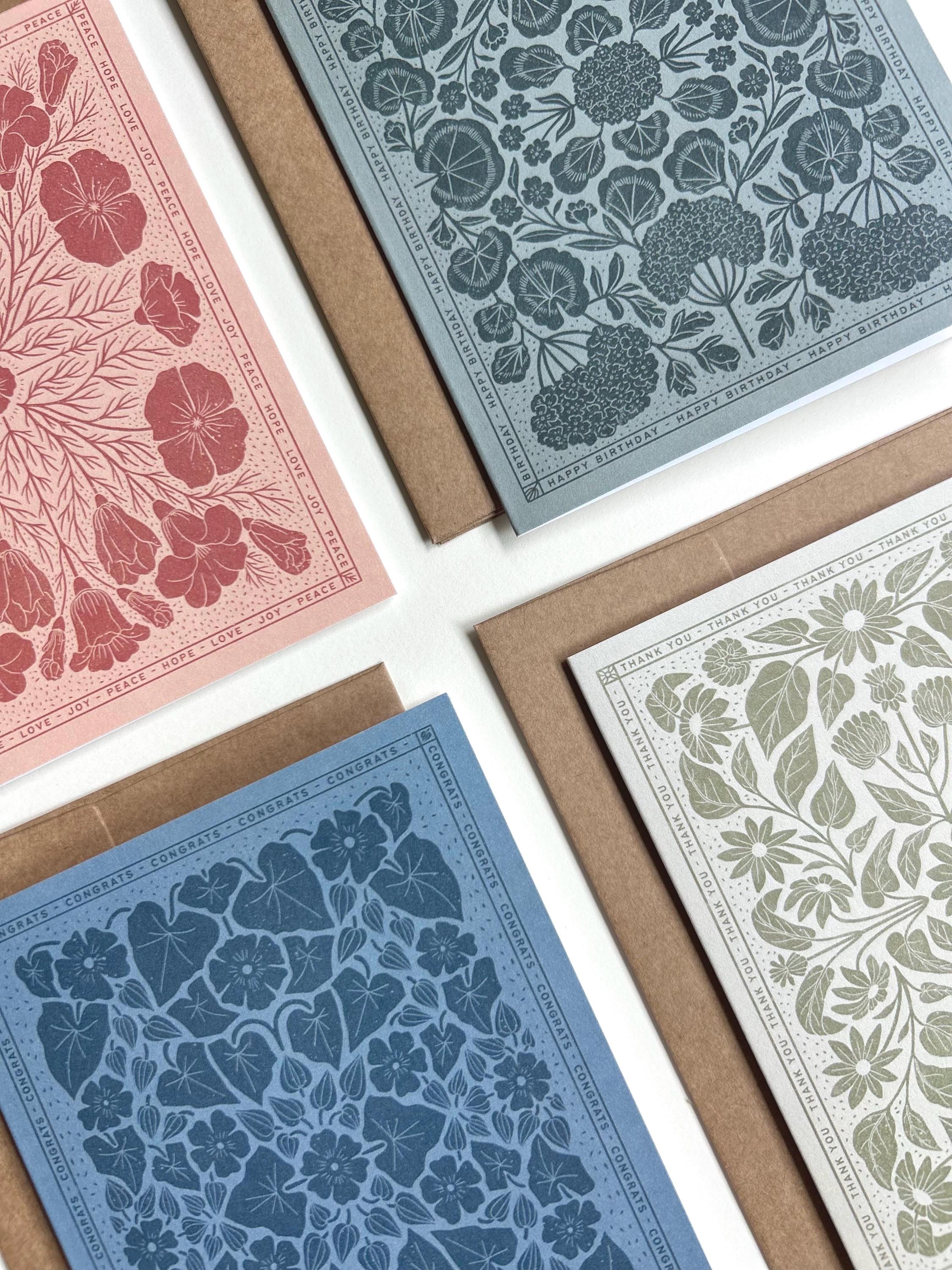 Floral Block Print Card Set | Assorted Blank Note Cards With Kraft ...