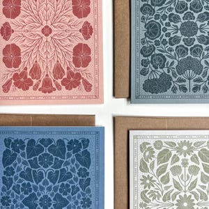 Floral Block Print Card Set | Assorted Blank Note Cards With Kraft ...