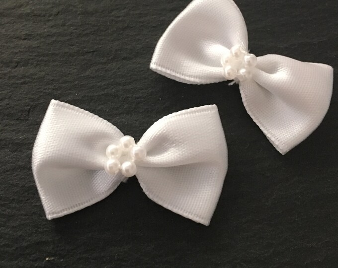 10, White Satin Bows, White Pearl Bows, White Wedding Bows, Satin ...