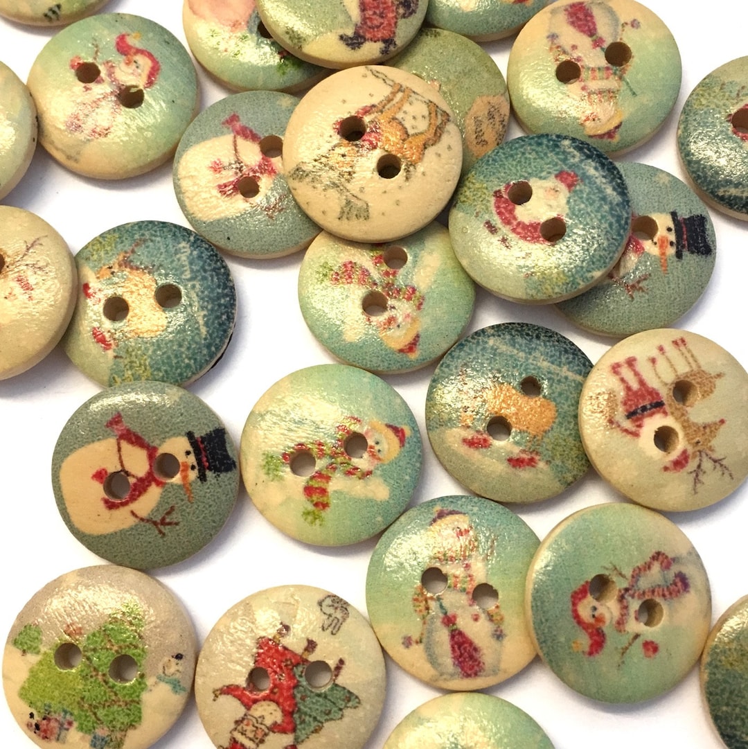 10, 15mm Painted Christmas Buttons, Assorted Xmas Designs, Christmas ...