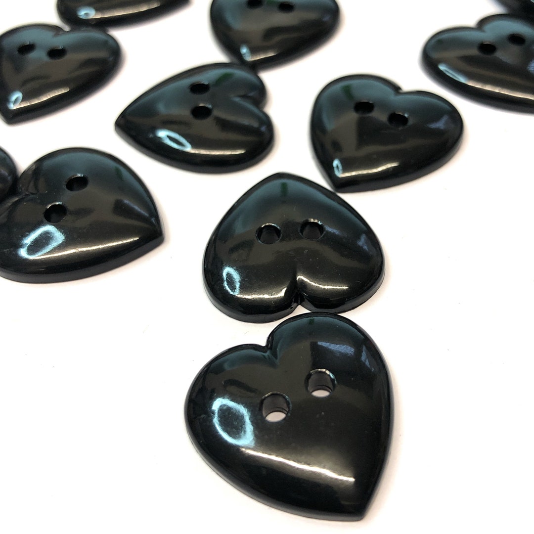6, 22mm (34L) Black Heart Buttons, Black Buttons, Heart Shaped Buttons ...