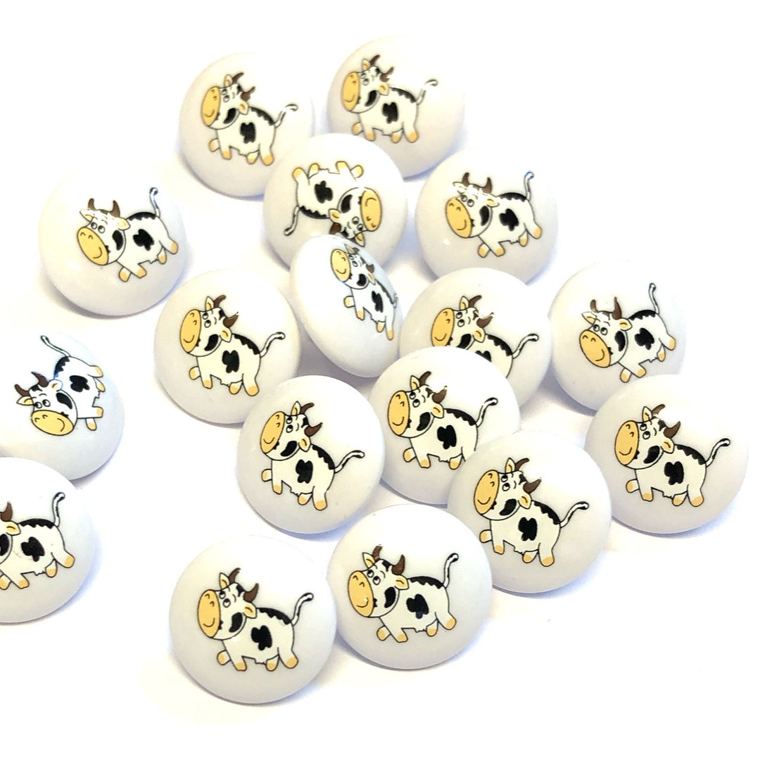 10, 15mm (24L) Cute Cow Shank Buttons, White Buttons With Cow Picture ...