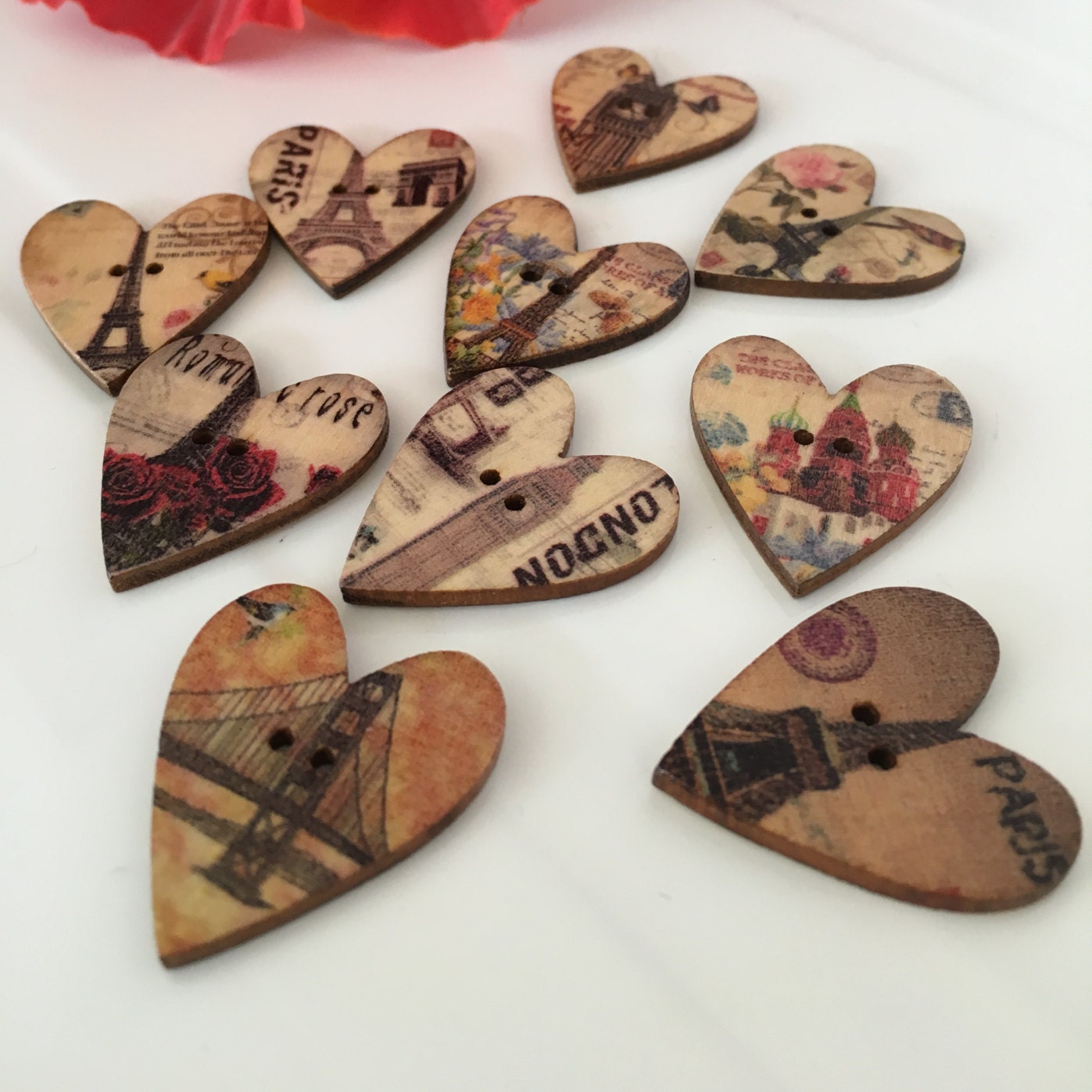 10 X Heart Shaped Wooden Buttons Heart Buttons Wood Buttons | Etsy