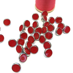 10, Small 11mm (18L) Silver Metallic and Red Resin Round Buttons With ...