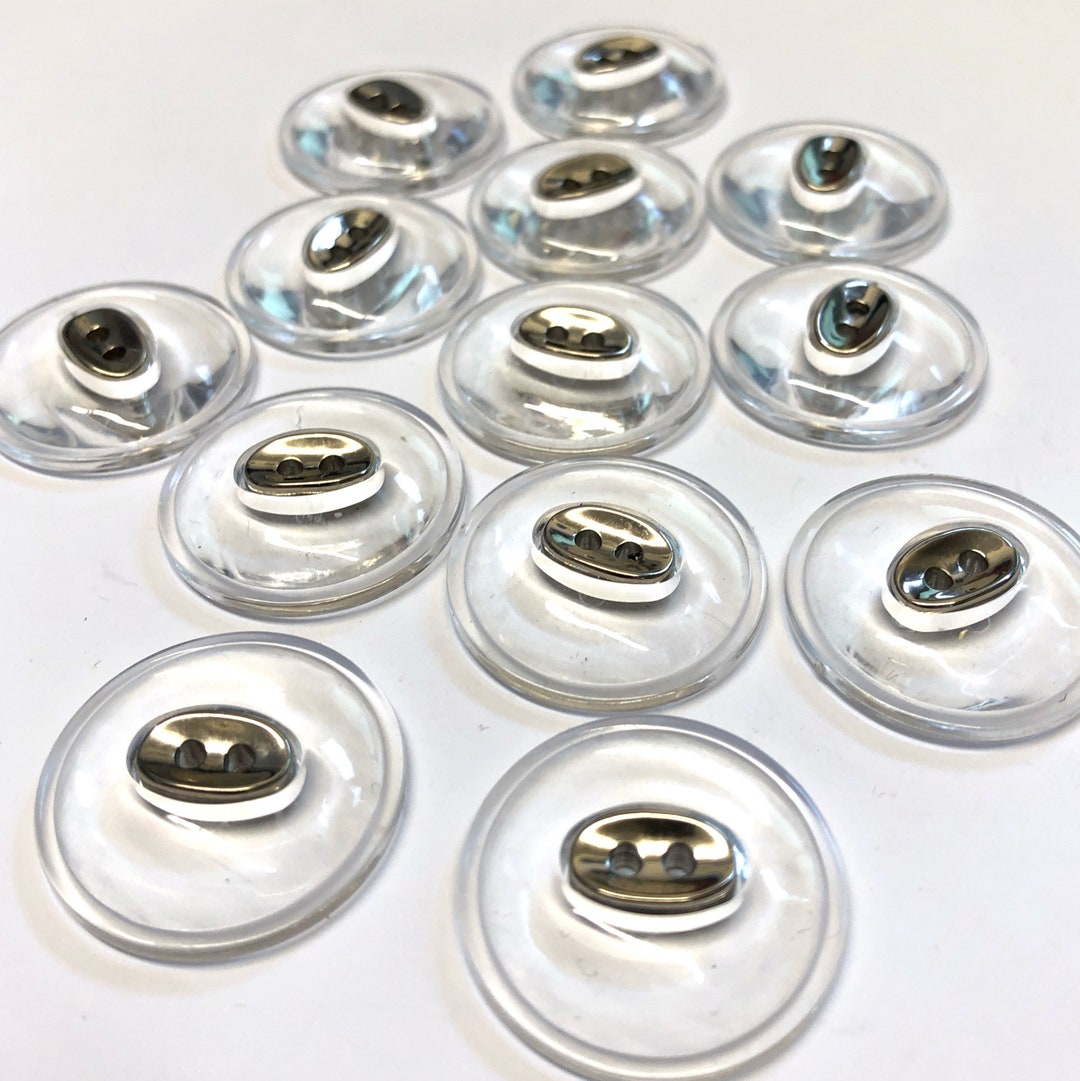 5, 28mm (44L) Clear Buttons With Metallic Silver Centre, Transparent ...