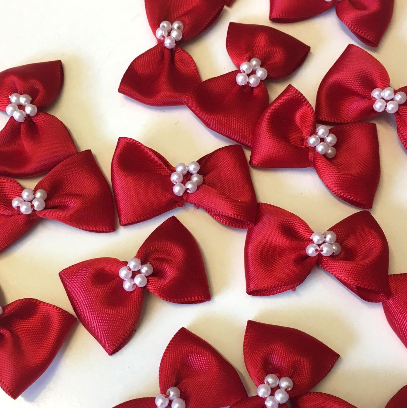 10, Red Satin Bows, Red Pearl Bows, Red Wedding Bows, Satin Ribbon Bows ...