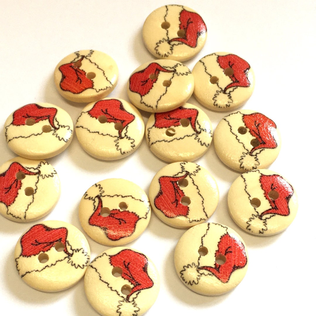 10, 15mm Painted Christmas Buttons, Santa Hat Designs, Christmas ...