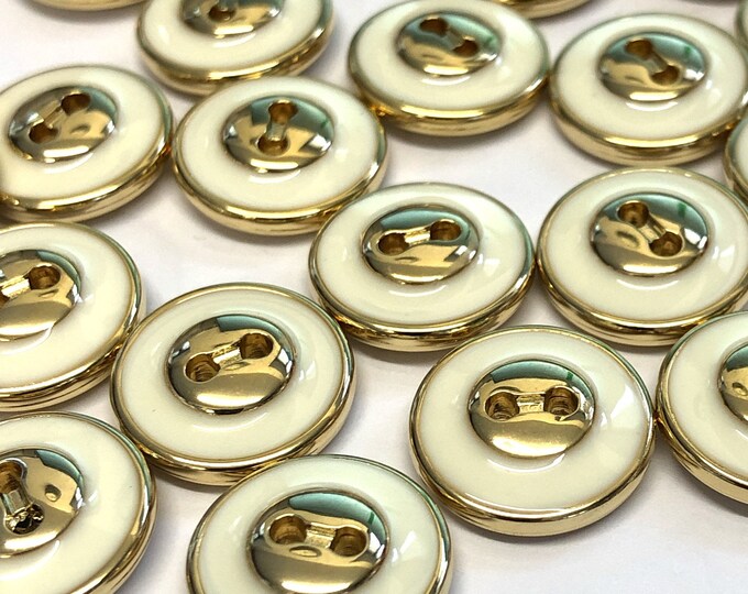 10, 15mm (24L) Round Pale Gold Metallic Buttons With White Enamel. Gold ...
