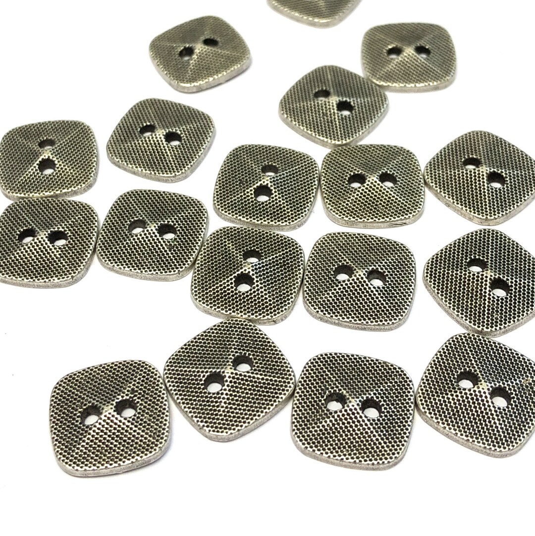 10, Etched Square Metal Italian Button With Two Holes, Aged Silver ...