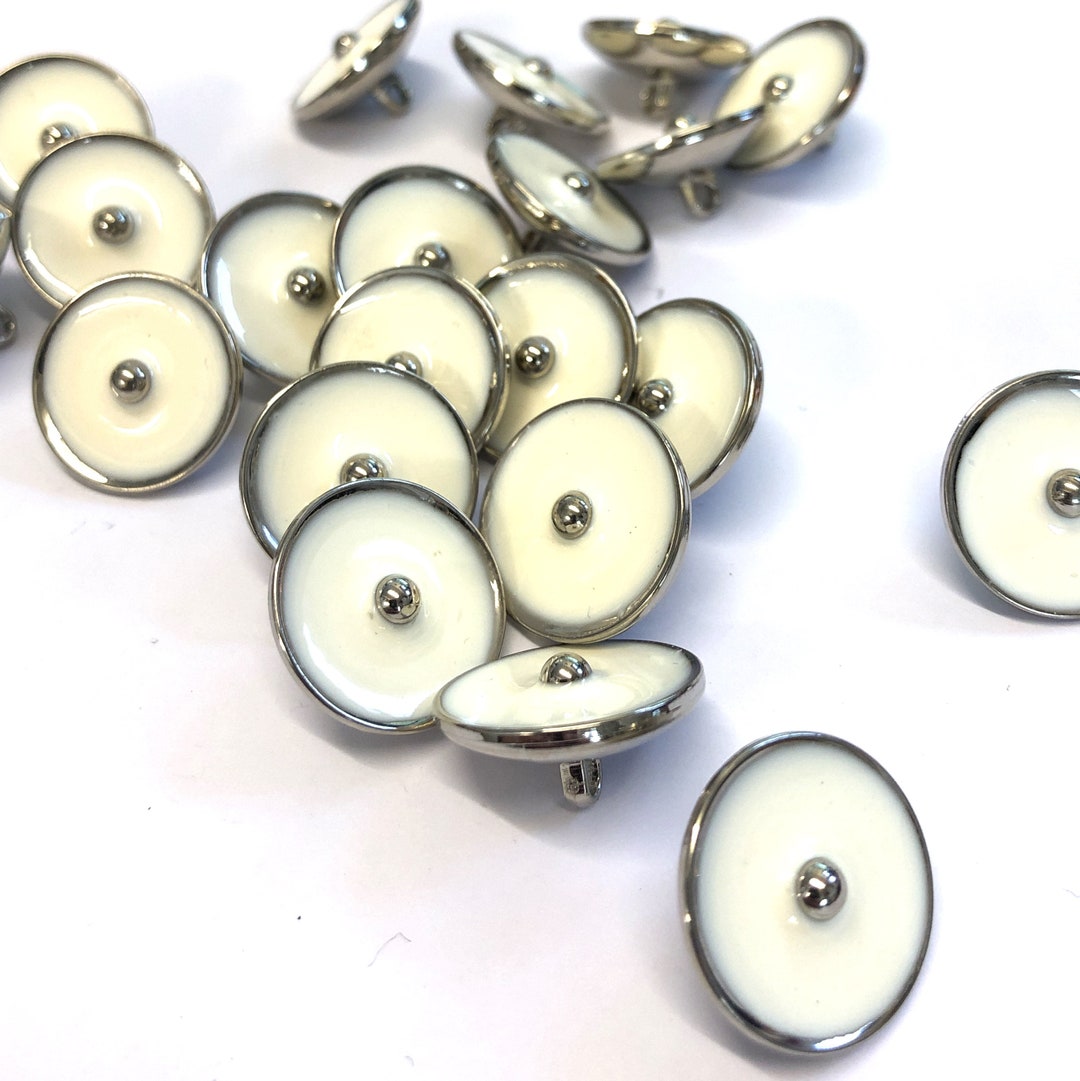 6 Italian Silver Metallic Shank Buttons: White Enamel Cabochon (15-25mm ...