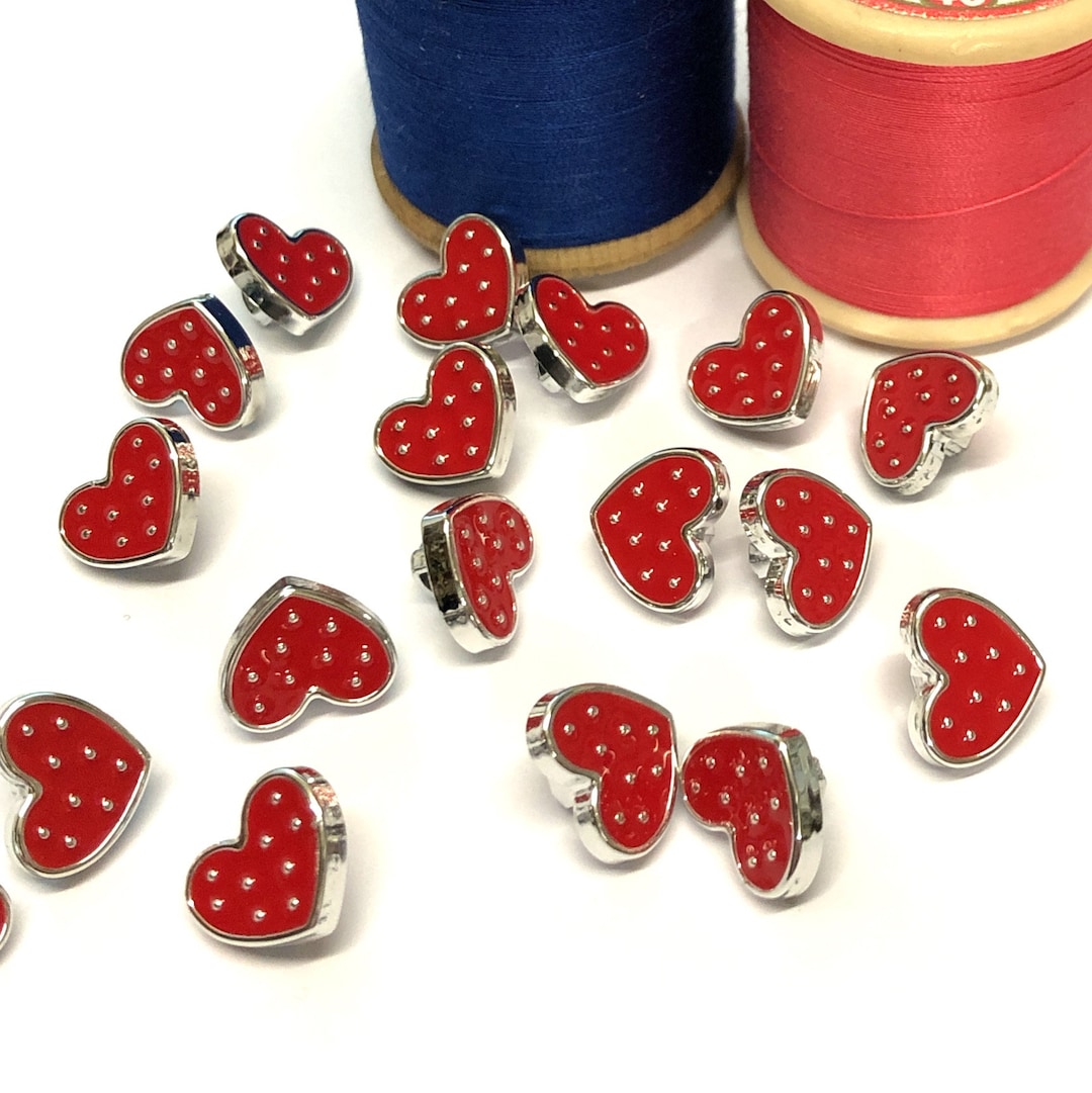 10, 12mm (20L) Small Heart Shaped Buttons, Red and Silver Metallic ...