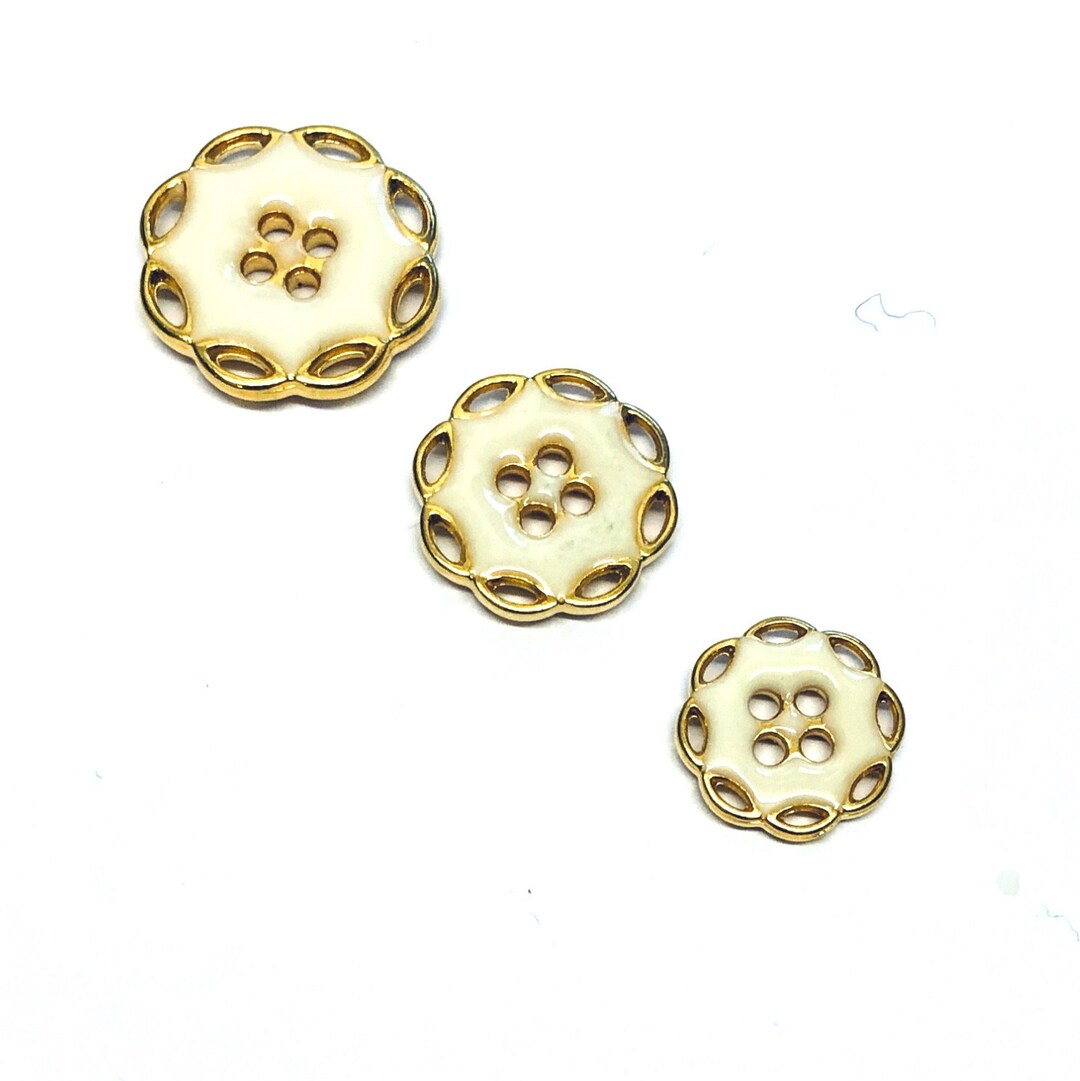 6 X Gold Metal and White Enamel Flower Buttons, Italian Gold Flower ...