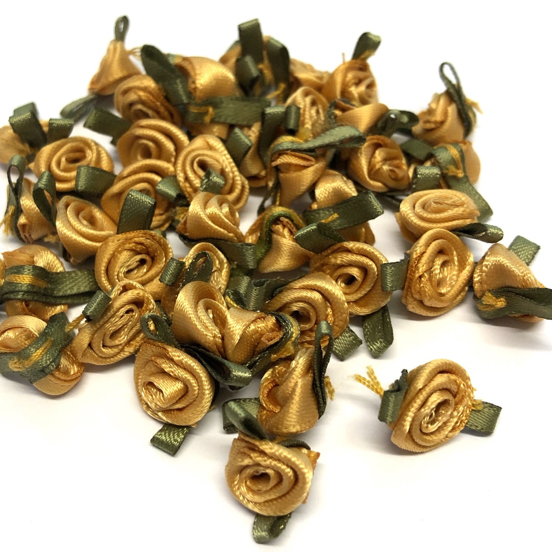 10, Golden Yellow Ribbon Roses, Satin Ribbon Roses, Yellow Satin Roses ...