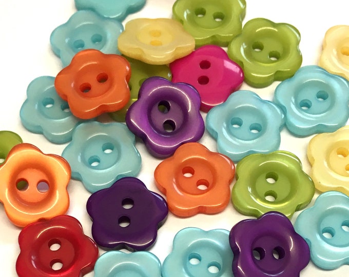 10, 12mm Assorted Colour Flower Shaped Resin Buttons, Mixed Colour ...