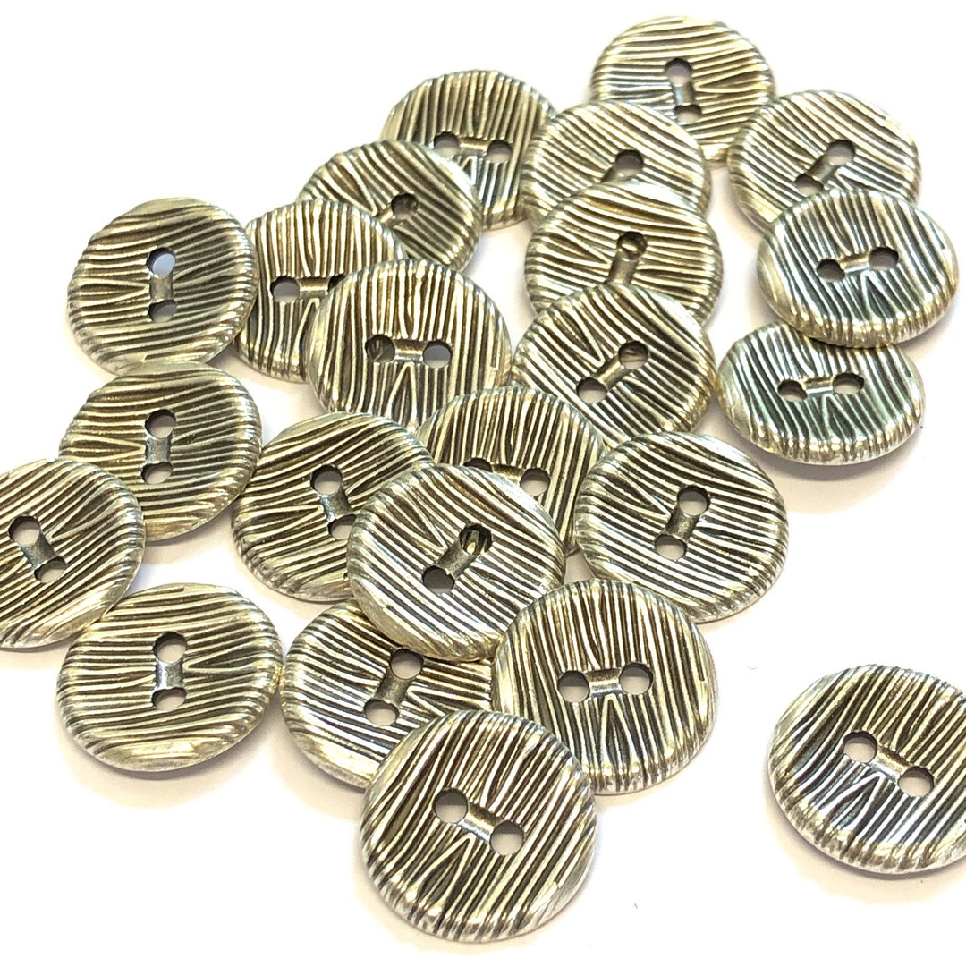 6 X 18mm (28L) Aged Silver Metal Buttons With Two Holes, Etched Stripe ...