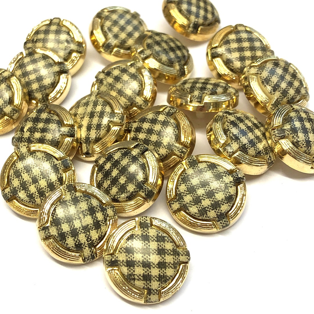 6 X 21mm Beautiful Gingham Check and Gold Metallic Shank Buttons ...