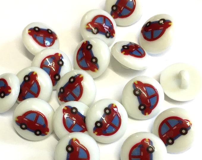 10, 15mm (24L) Car Shank Buttons, White Buttons With Cute Red Car ...