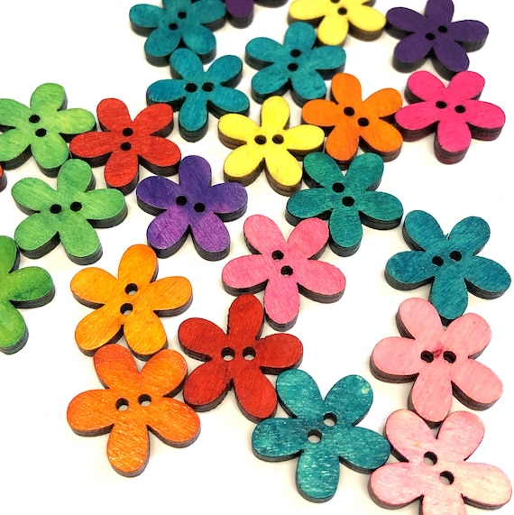 Flower Buttons Wooden 20mm Buttons Colourful Flowers Floral Buttons ...