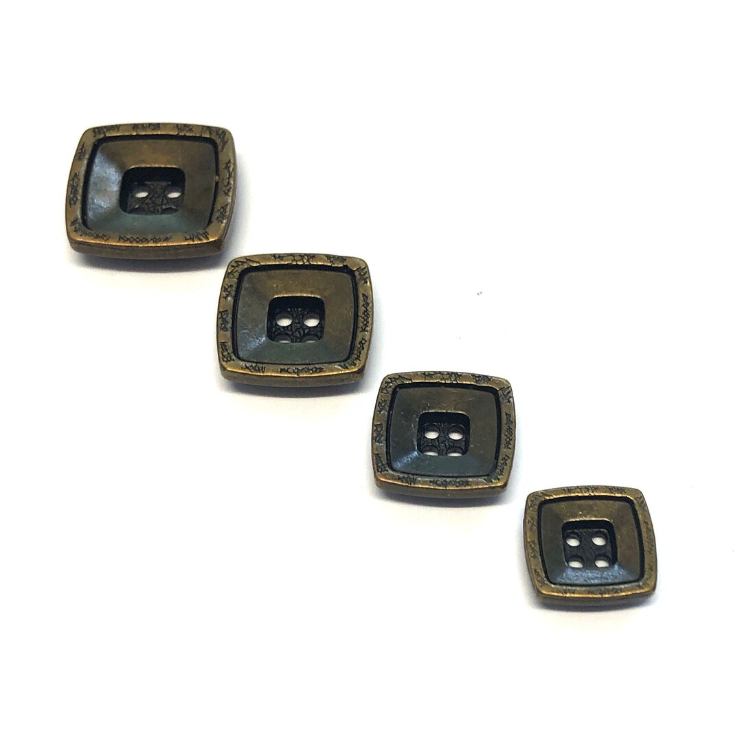 6 X Aged Bronze Solid Metal Square Buttons With Four Holes, Fancy ...