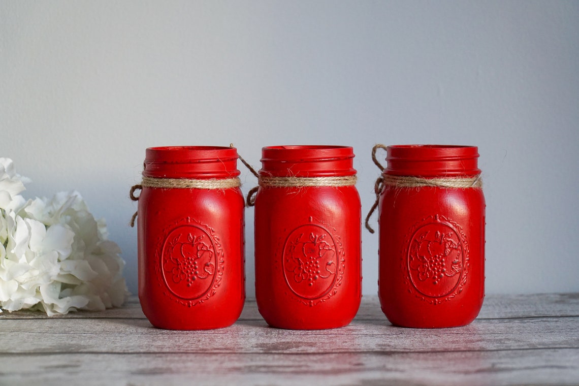 Rustic Red Mason Jar Set of 3 - Etsy