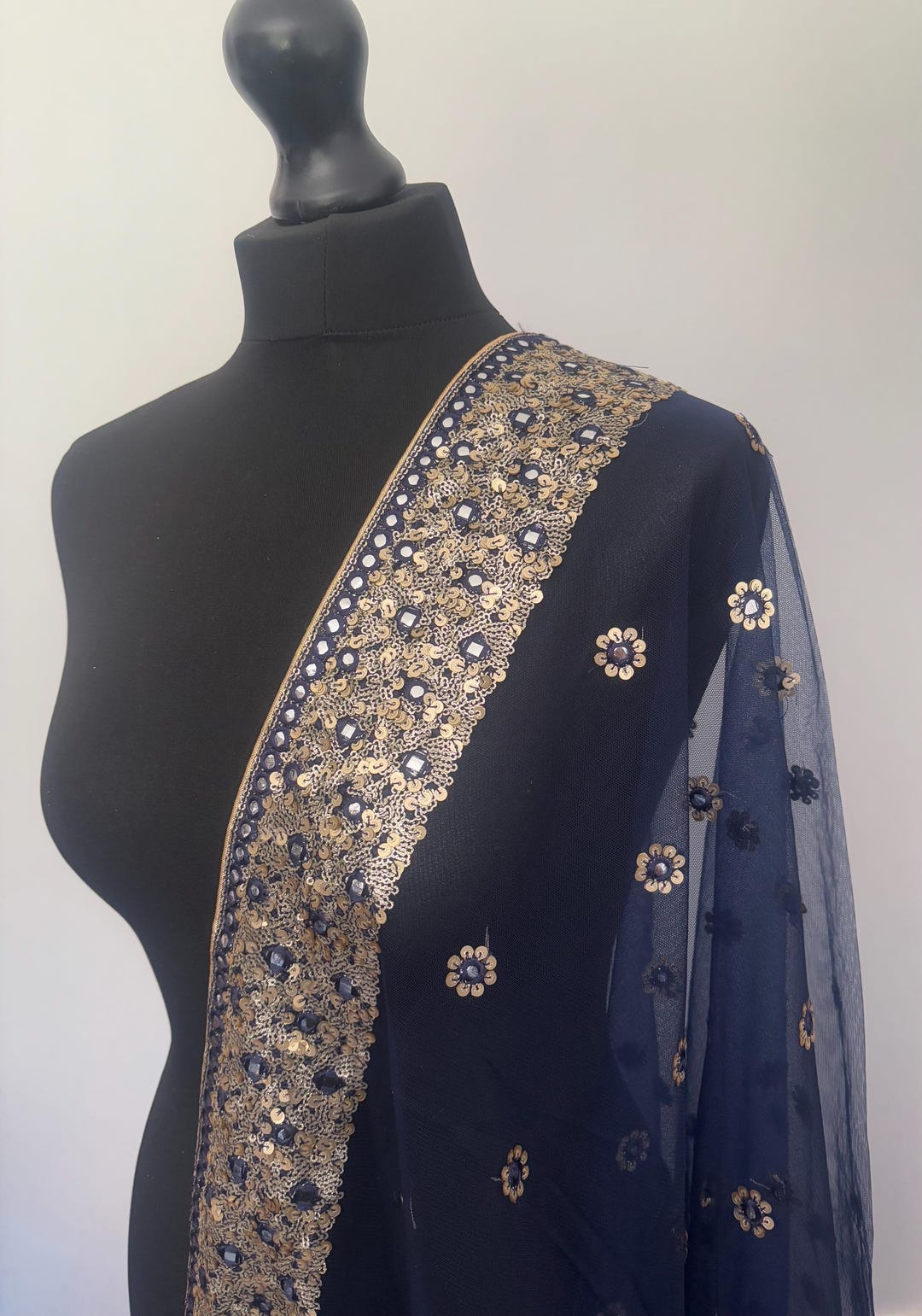 Navy Blue Net Dupatta Chunni With Glitter Sequin Border - Etsy