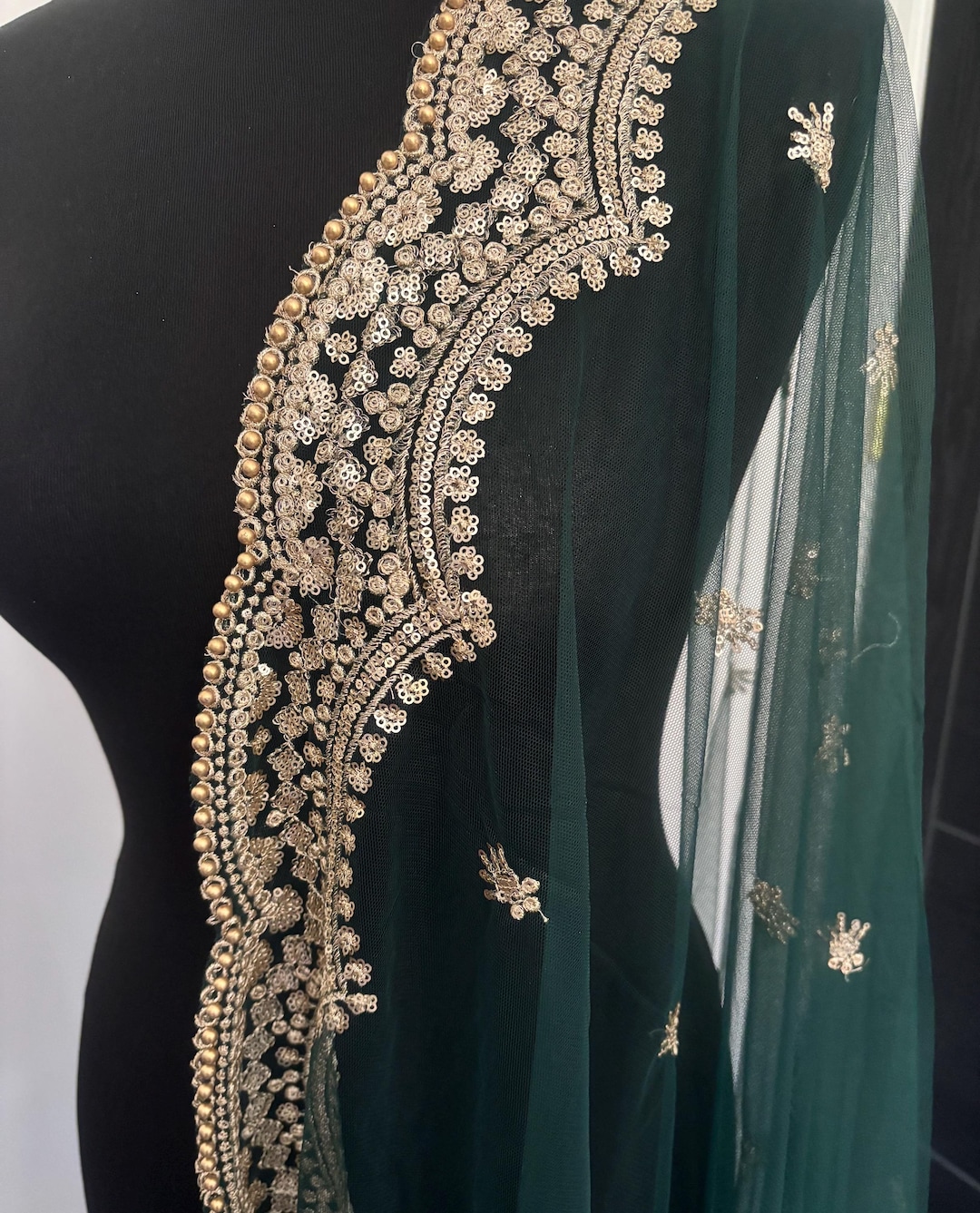Bottle Green Net Dupatta With Scallop Border - Etsy