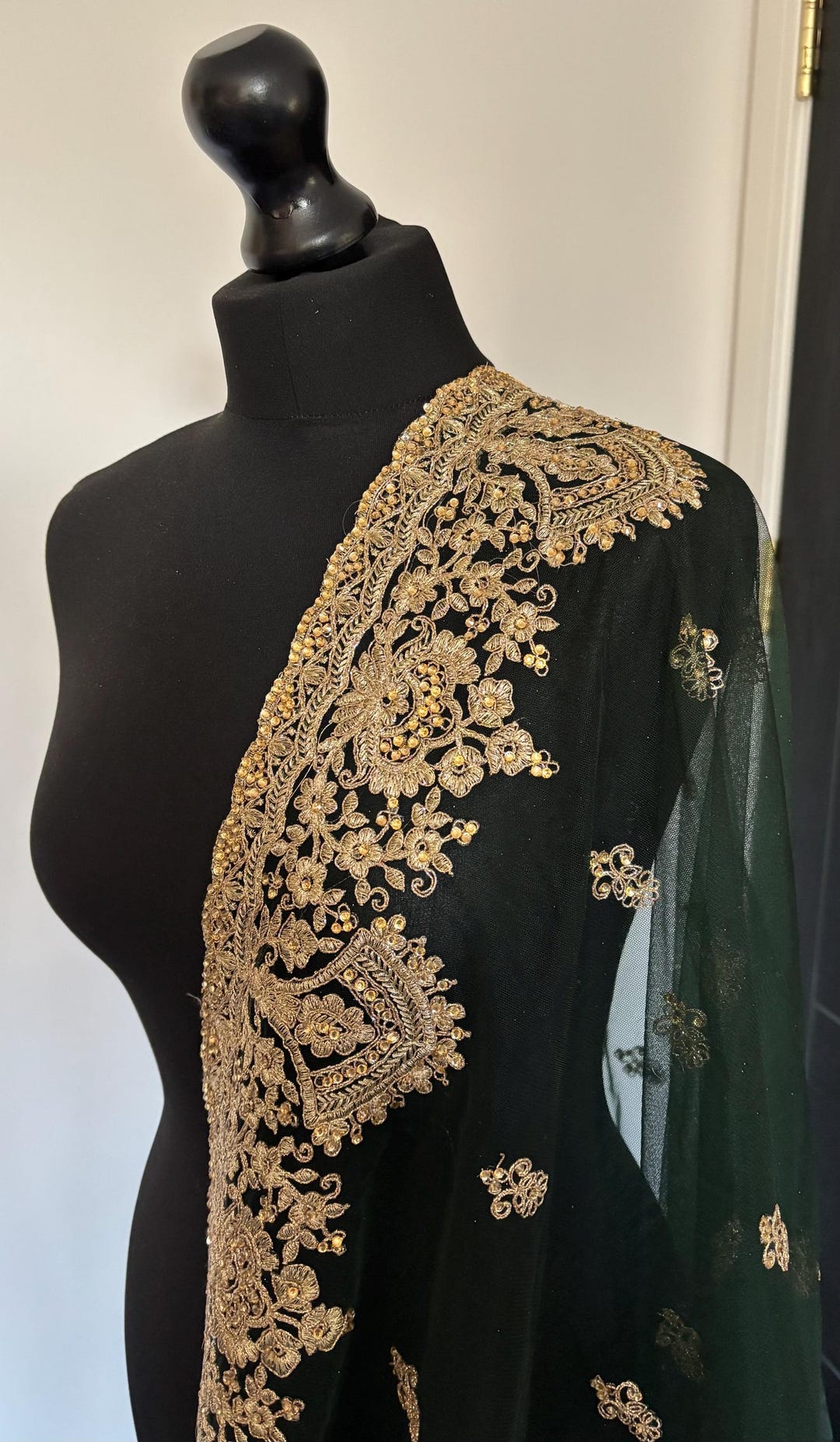 Bottle Green Net Dupatta With Gold Embroidery With Thread and Stone ...
